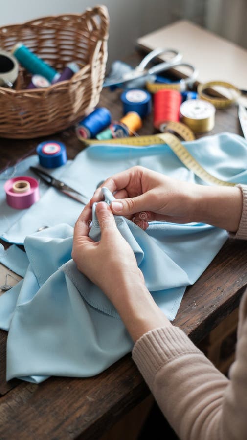 Person Hand Sews Blue Fabric Surrounded by Sewing Tools, Enhancing ...