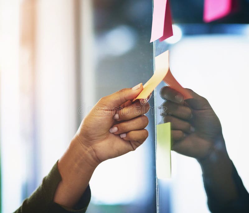 Person, Hand and Sticky Note on Glass Wall for Brainstorming Idea or ...