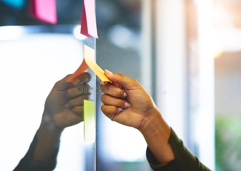 Person, Hand and Sticky Note on Glass Wall or Planning Idea and ...