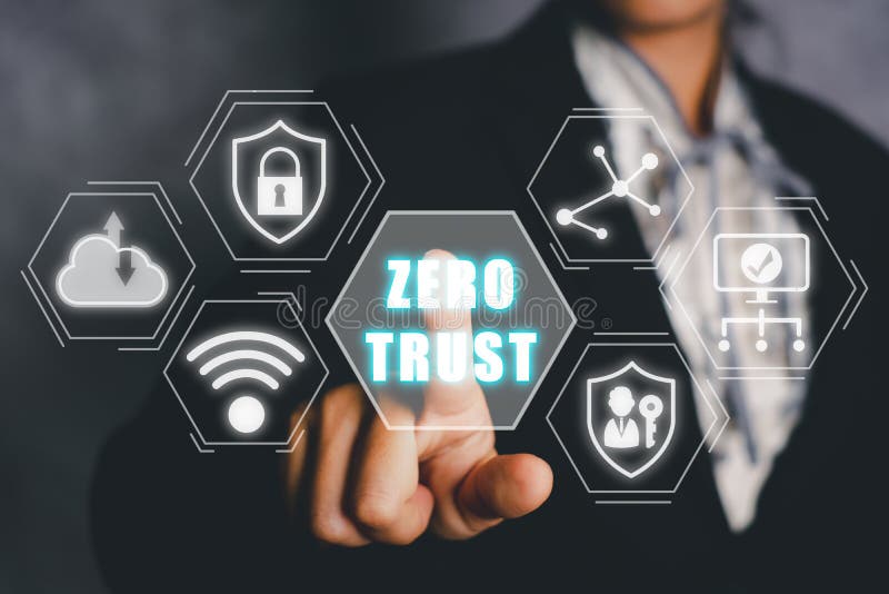 Person Hand Touching Zero Trust Icon on Virtual Screen Stock Image ...