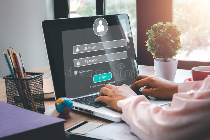 Person Hand Typing on Keyboard with Login and Password on Screen ...