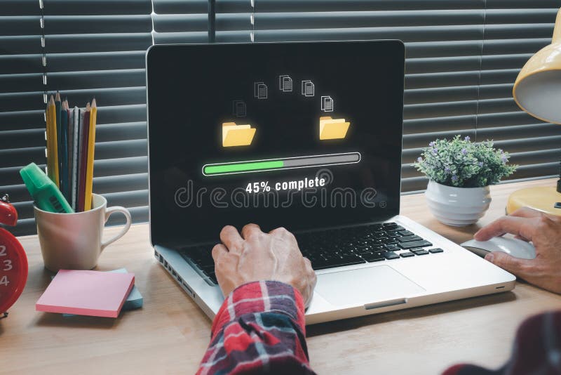 Person Hand Using Laptop Computer Waiting for Transfer File Process ...