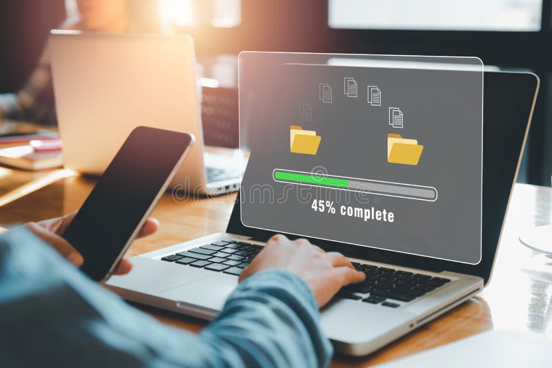 Person Hand Using Laptop Computer Waiting for Transfer File Process ...