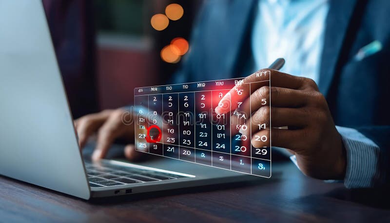 A Person Hand is Using a Laptop and Marking Dates on a Digital Calendar ...