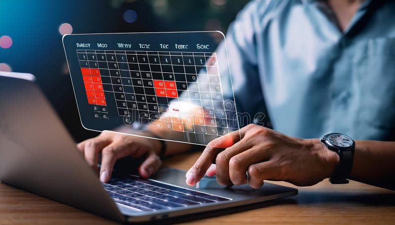 A Person Hand is Using a Laptop and Marking Dates on a Digital Calendar ...