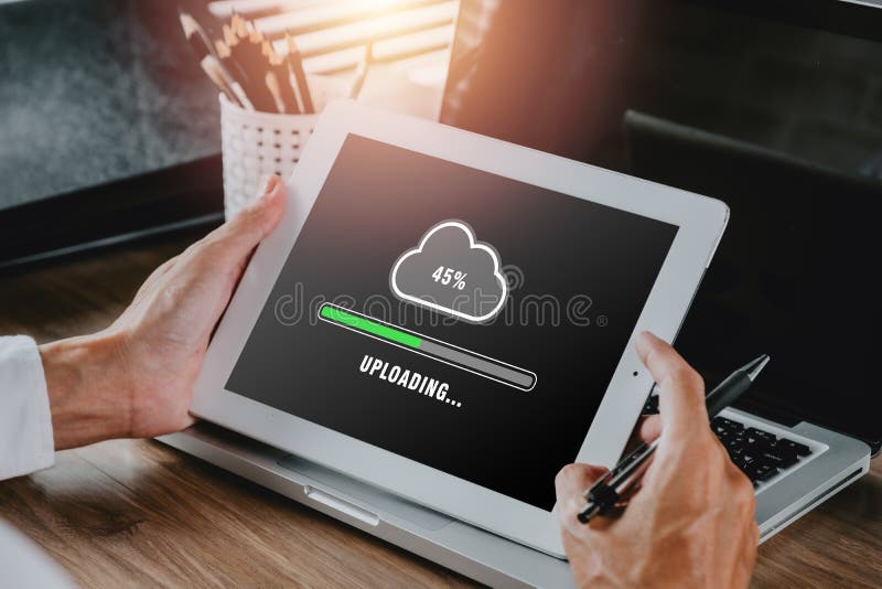 Person Hand Using and Waiting for Cloud Uploading on Digital Tablet ...