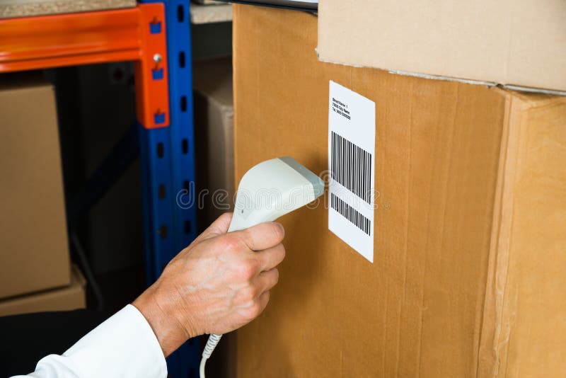 Person Hands with Barcode Scanner Scanning Box Stock Image - Image of ...