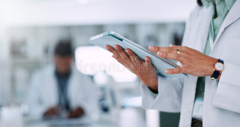 Person, Hands and Scientist with Tablet for Research, New Study or ...