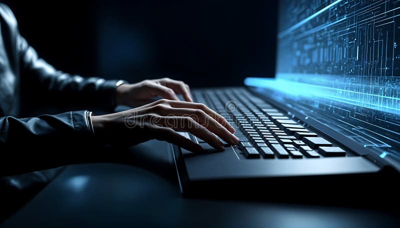 A Person Hands Typing on a Laptop Keyboard in a Dark Moody Environment ...