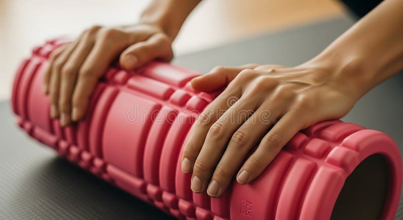 Person Hands Using Pink Foam Roller for Exercise and Muscle Relief in ...