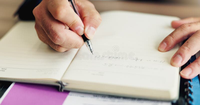 Person, Hands and Writing with Book for Equation, Problem Solving or ...