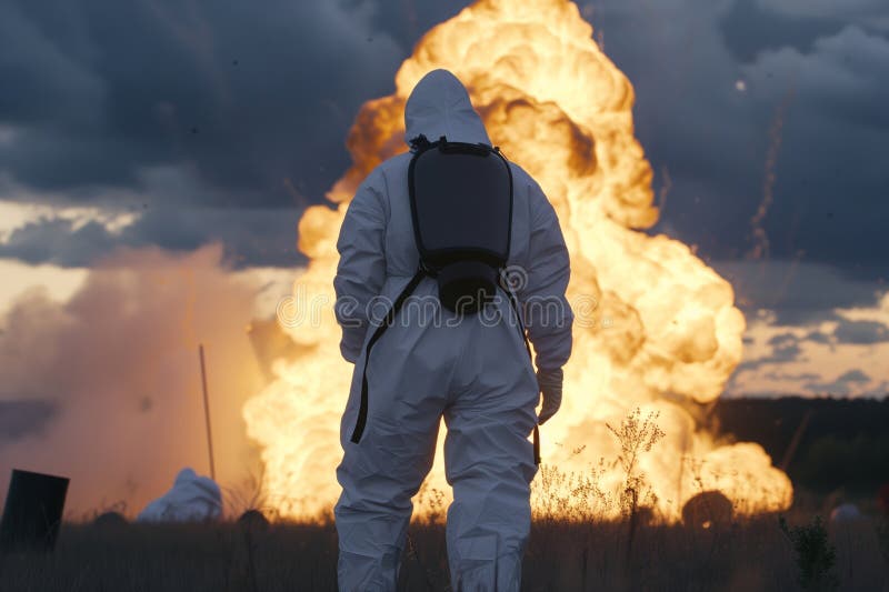 Person in Hazmat Suit Stands with Back To Camera, Explosion Ahead Stock ...