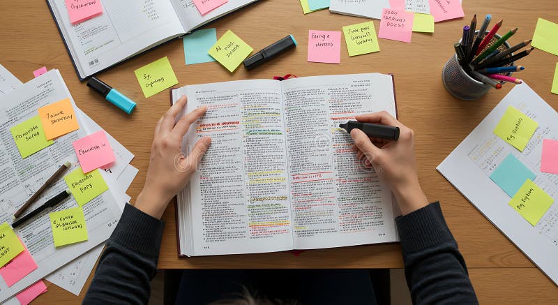 Person Highlighting Text in Book on Wooden Desk with Notes Stock ...