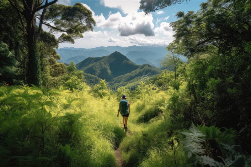 Person, Hiking through Lush Forest, with View of Distant Mountains ...