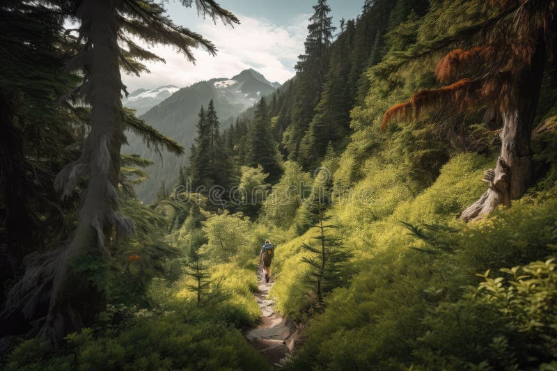 Person, Hiking through Lush Forest, with View of Distant Mountains ...