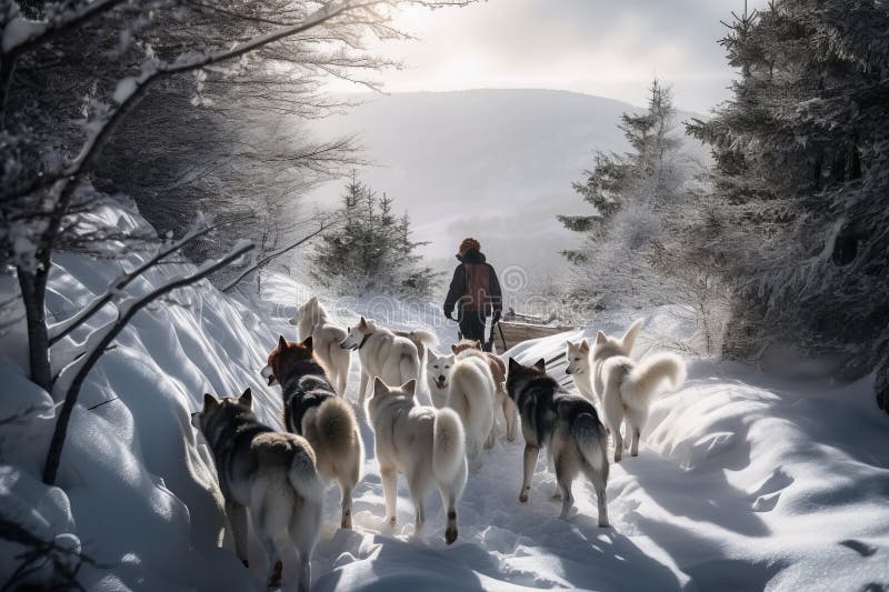 A Person Hiking with Sled Dogs AI Generated Stock Illustration ...