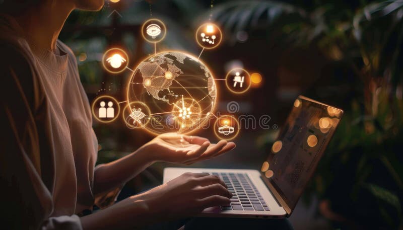 Person Holding an AI Sphere with Icons Representing Technology, Concept ...