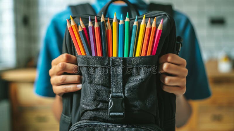 Person Holding Backpack Full of Colored Pencils Stock Image - Image of ...