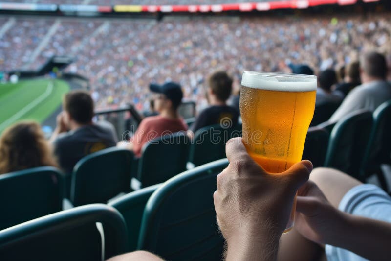 Person Holding Beer, Crowded Stadium Seats Behind Stock Photo - Image ...