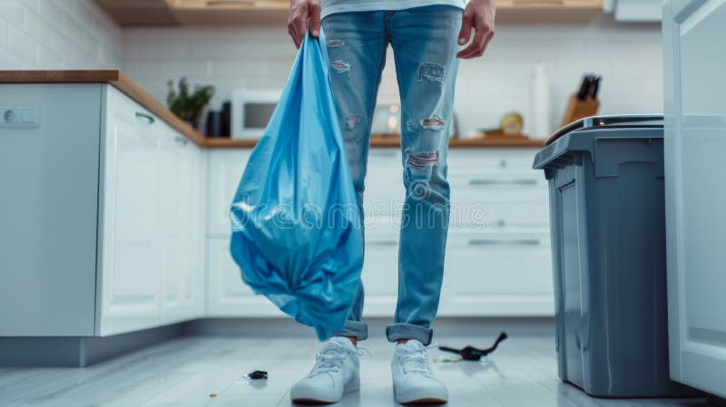Person Holding Blue Garbage Bag. AI Generated Stock Image - Image of ...
