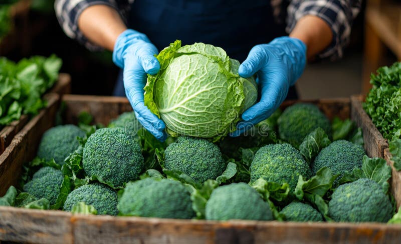 A Person is Holding a Cabbage in a Crate of Broccoli Stock Image ...