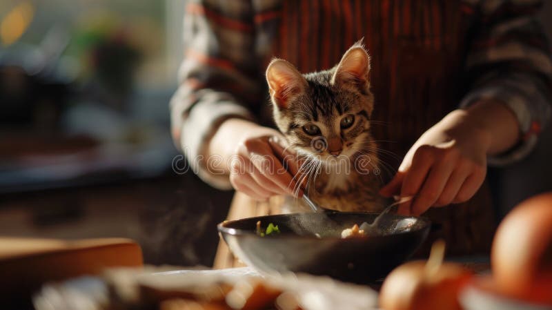 A Person Holding a Cat in Their Hands while they are Cooking, AI Stock ...
