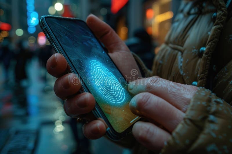 Person Holding Cell Phone with Fingerprint Stock Illustration ...