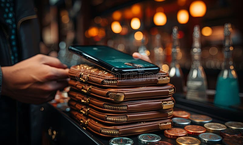 Person Holding Cell Phone Over Stack of Wallets Stock Image - Image of ...