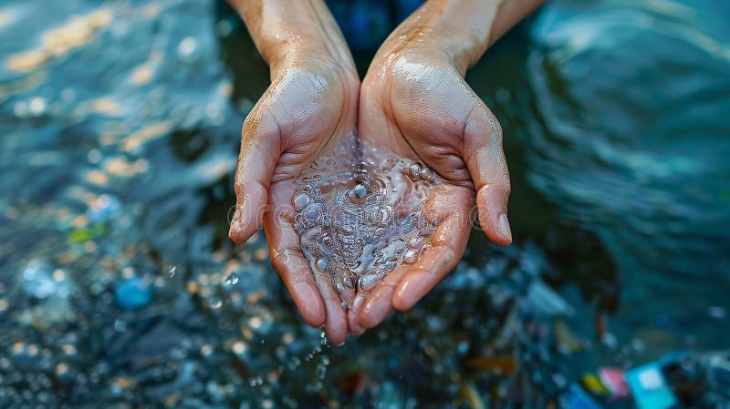 Person Holding Clear Water in Cupped Hands, Surrounded by Plastic ...