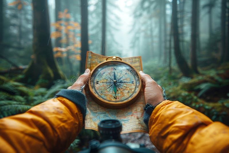 Person Holding a Compass and a Map in a Misty Forest, Emphasizing ...