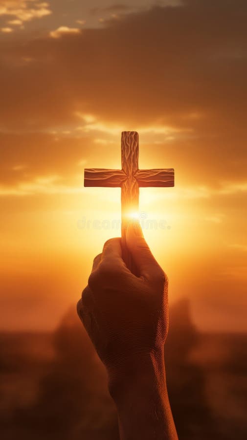 A Person Holding a Cross Against a Breathtaking Sunset Backdrop Stock ...