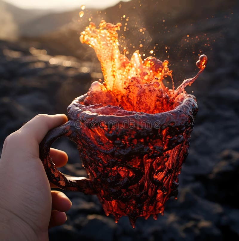 A Person Holding a Cup with the Fire Like Lava Burning Out of it Stock ...