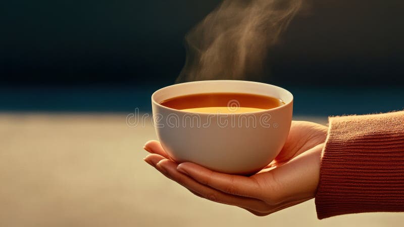A Person Holding a Cup of Steaming Hot Tea in Their Hand, AI Stock ...