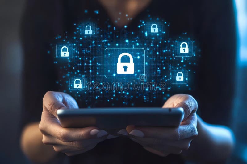 Person Holding Device with Security Icons, Symbolizing Data Protection ...