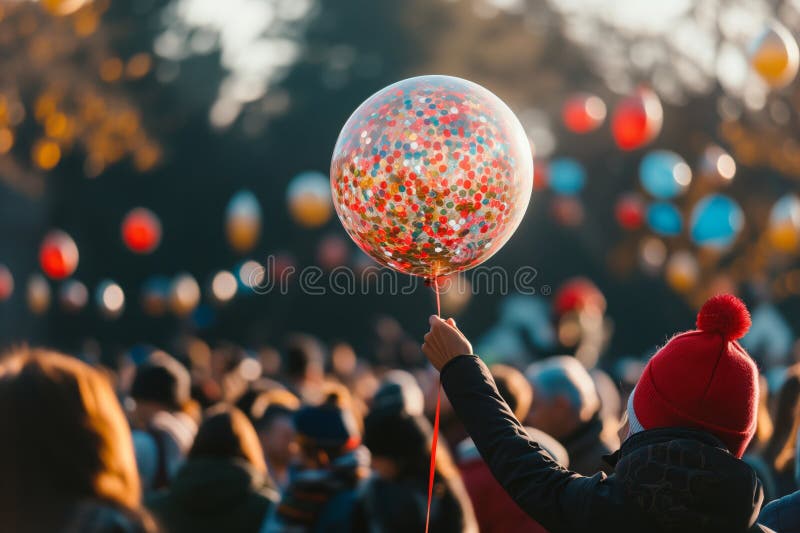Person Holding a Festive Balloon Amongst a Crowd Stock Illustration ...