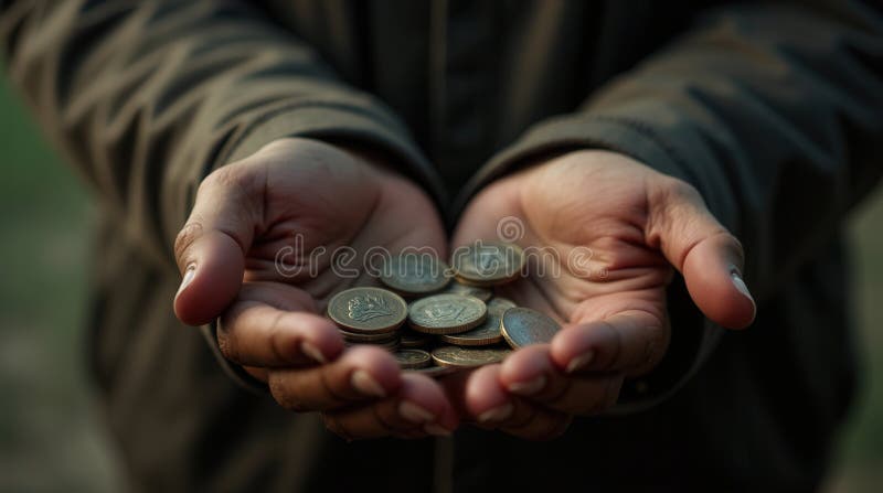 Person Holding Few Coins in Open Hands Asking for Help Stock ...