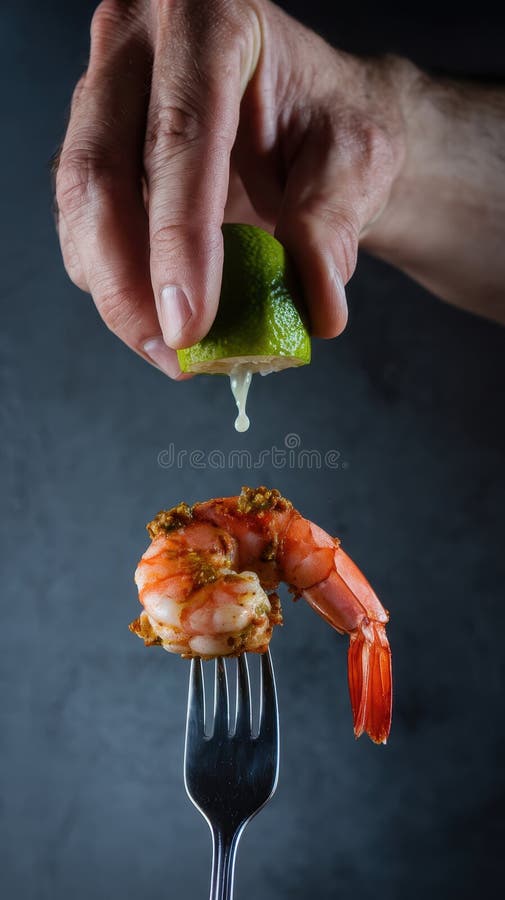 Person is Holding a Fork with a Shrimp on it Stock Illustration ...