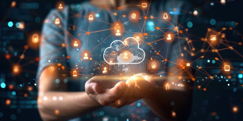 Person Holding a Glowing Cloud Computing Network with Connected Icons ...