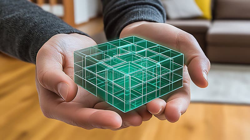 A Person Holding a Glowing Green Cube with Their Hands Stock ...