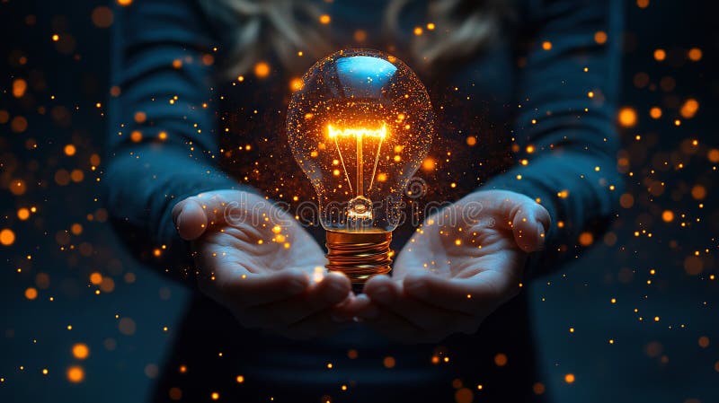 A Person Holding a Glowing Light Bulb Surrounded by Sparkling Particles ...