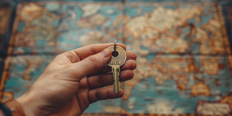 A Person Holding a Key in Front of a Map Stock Image - Image of hand ...