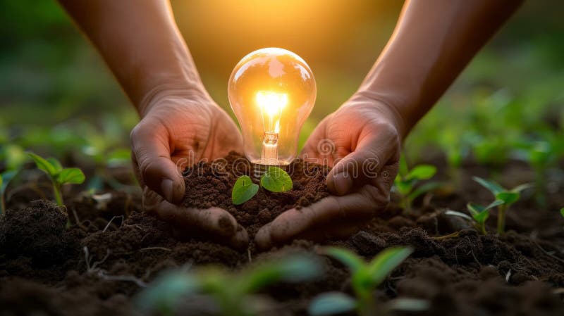 A Person Holding a Light Bulb in Their Hands with Dirt on the Ground ...