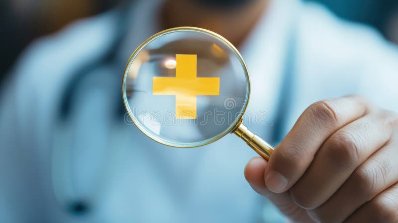 A Person Holding a Magnifying Glass with a Yellow Cross on it Stock ...