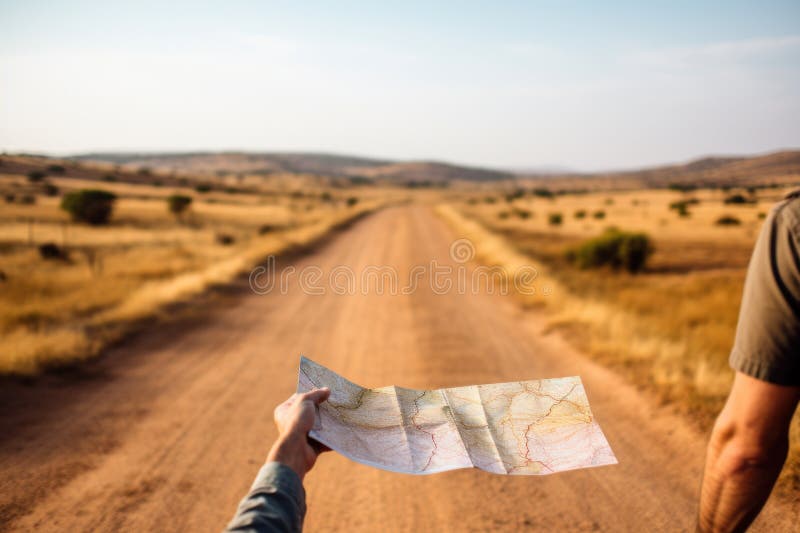 Person Holding Map on a Dirt Road. Concept of Adventure and Exploration ...