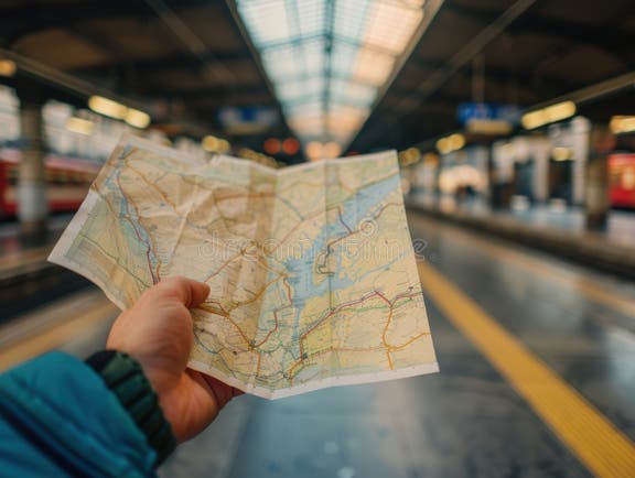 Person Holding Map Inside a Train Station Stock Illustration ...