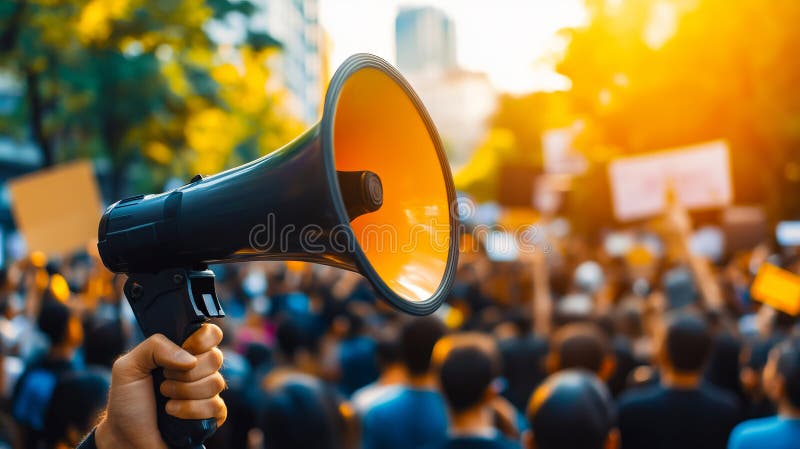 A Person Holding a Megaphone in Front of a Crowd of People Stock Photo ...