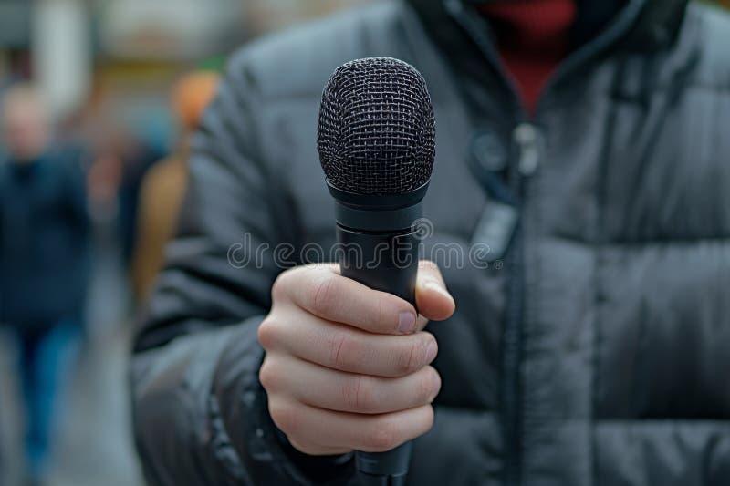 Person Holding Microphone during Outdoor Interview Stock Image - Image ...