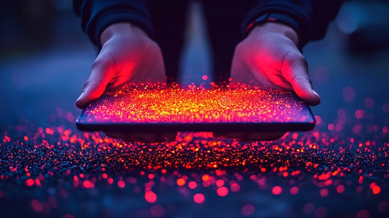 Person Holding Mobile Device with Glowing Red Particles Stock ...