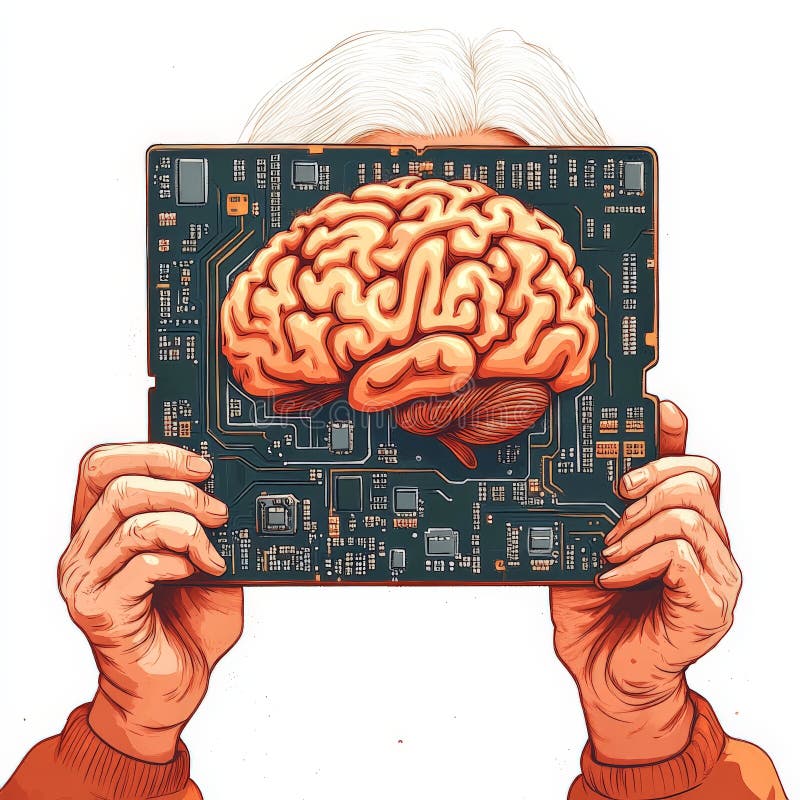 Person Holding a Motherboard with Brain Illustration, Representing the ... Person Holding a Motherboard with Brain Illustration, Representing the ...
