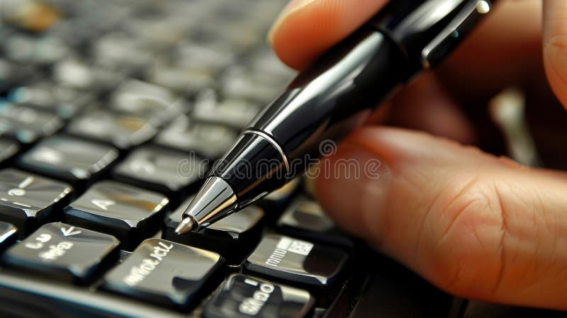 A Person Holding a Pen while Typing on a Computer Keyboard Stock Photo ...